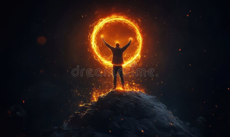 Fiery Silhouette of a Person Standing Triumphantly on a Mountain with ...