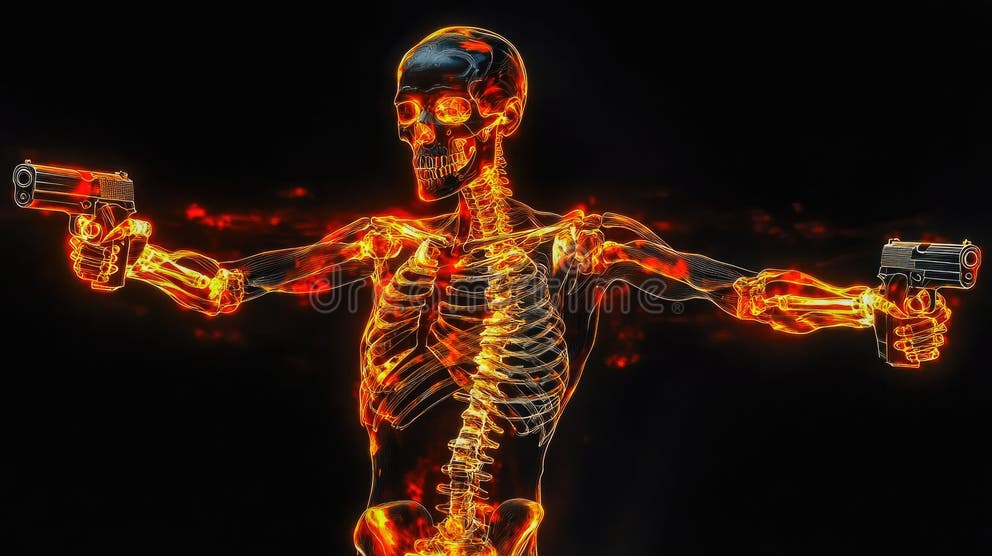 Skeleton in a Fiery Glow Poses with Guns in a Dramatic, Action-inspired ...