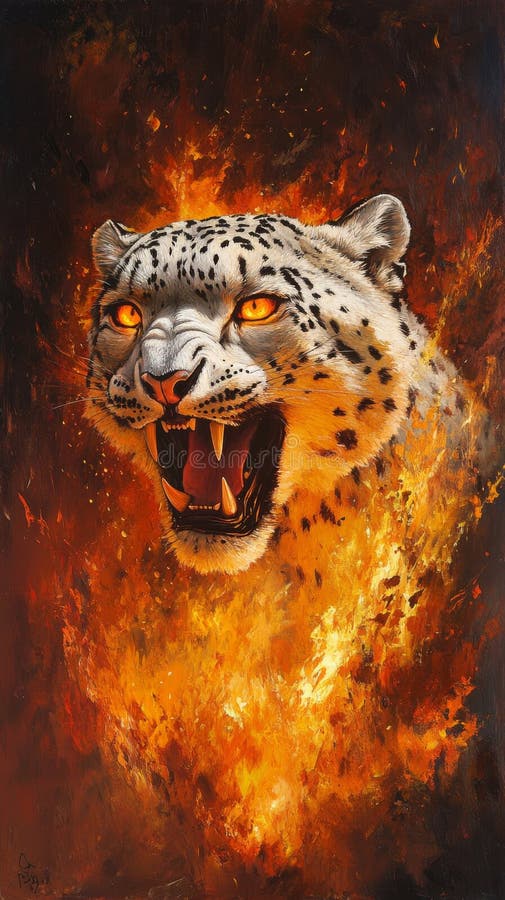 Fiery Snow Leopard with Glowing Amber Eyes Stock Photo - Image of ...