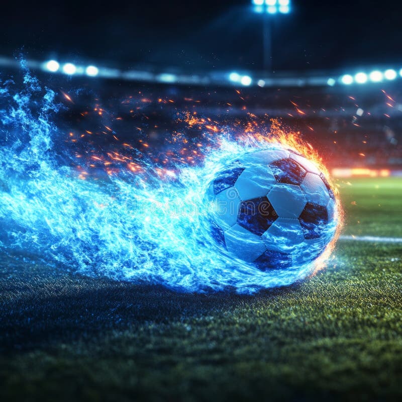 Fiery Soccer Ball with Blue Flames on Stadium Field at Night Stock ...