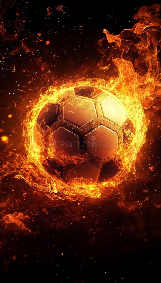 Fiery Soccer Ball Dynamic Motion and Intense Energy Against a Dark ...