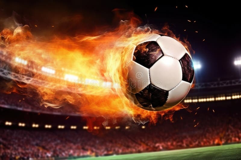 Fiery Soccer Ball Flying in a Stadium Full of Spectators, Night Time ...