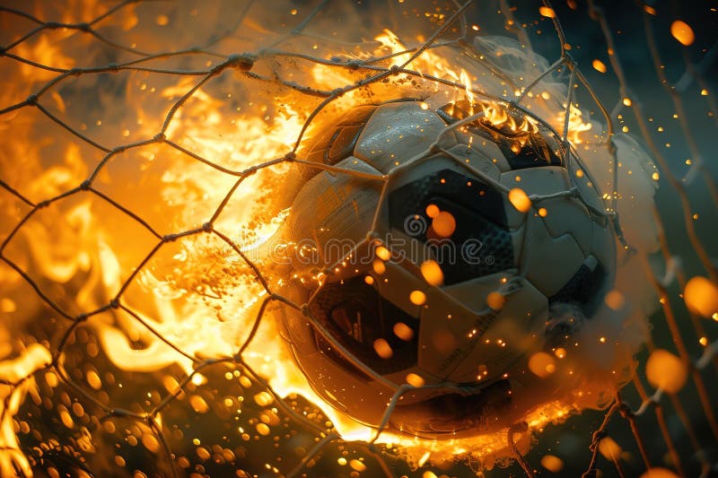 Fiery Soccer Ball in Goal with Net in Flames Stock Photo - Image of ...