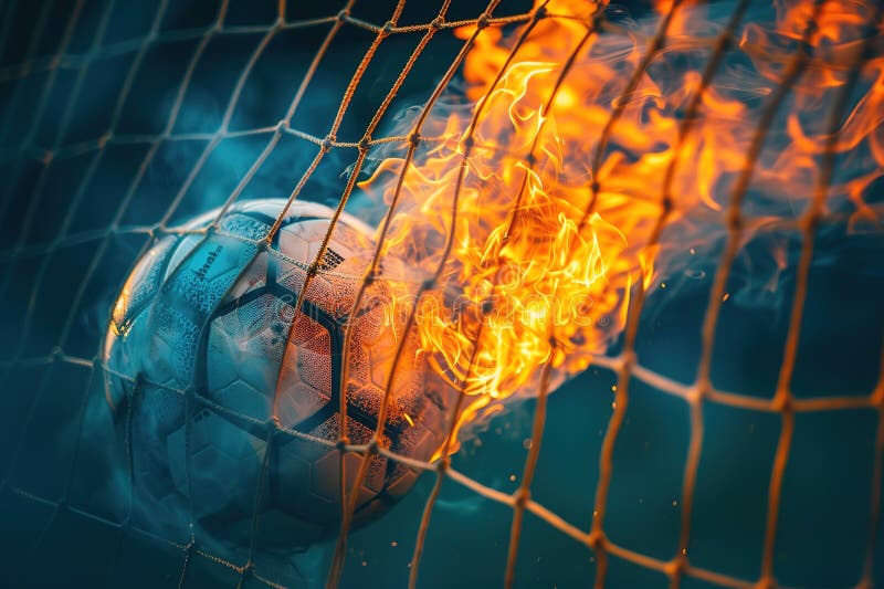 Fiery Soccer Ball in Goal with Net in Flames Stock Image - Image of ...