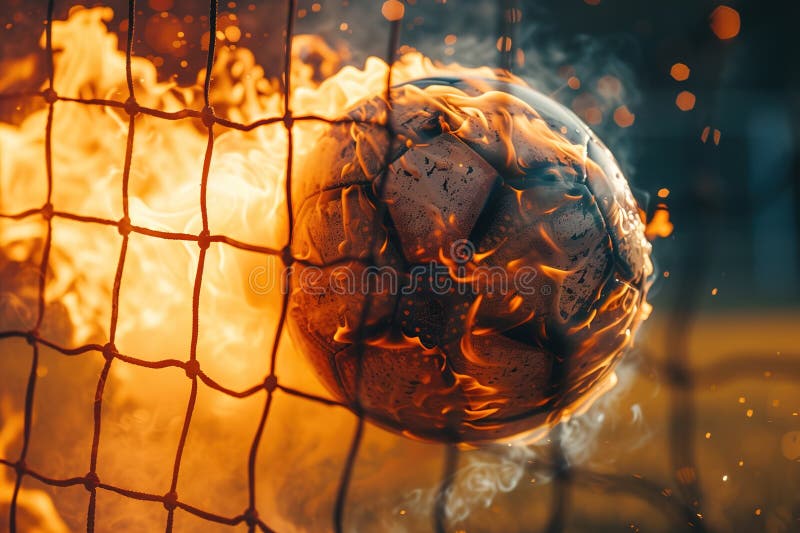 Fiery Soccer Ball in Goal with Net in Flames Stock Image - Image of ...