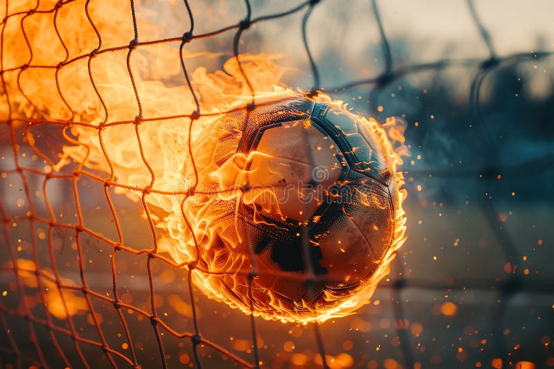 Fiery Soccer Ball in Goal with Net in Flames Stock Photo - Image of ...