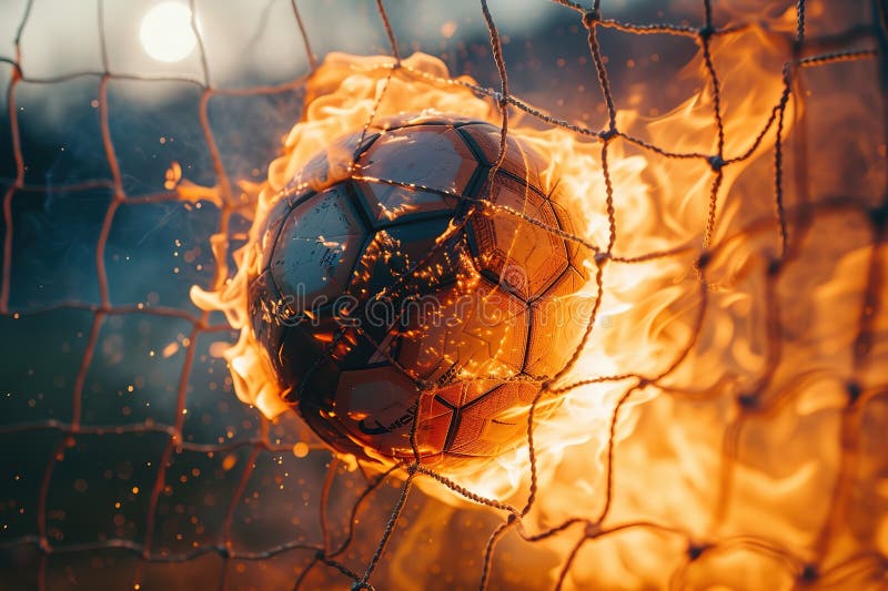 Fiery Soccer Ball in Goal with Net in Flames Stock Image - Image of ...