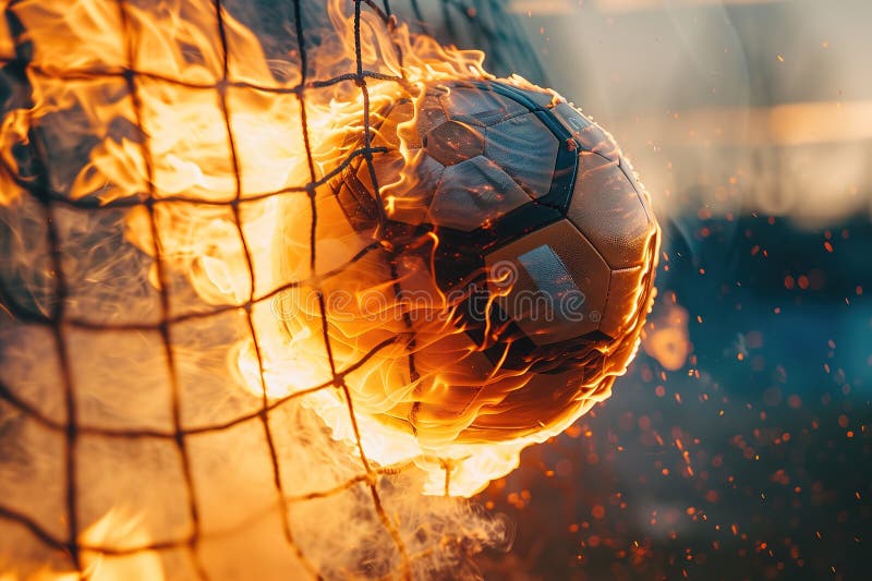 Fiery Soccer Ball in Goal with Net in Flames Stock Photo - Image of ...