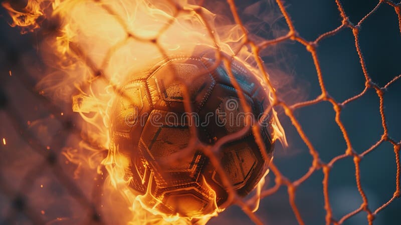 Fiery Soccer Ball in Goal with Net in Flames Stock Photo - Image of ...