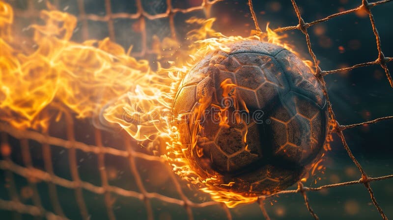 Fiery Soccer Ball in Goal with Net in Flames Stock Image - Image of ...