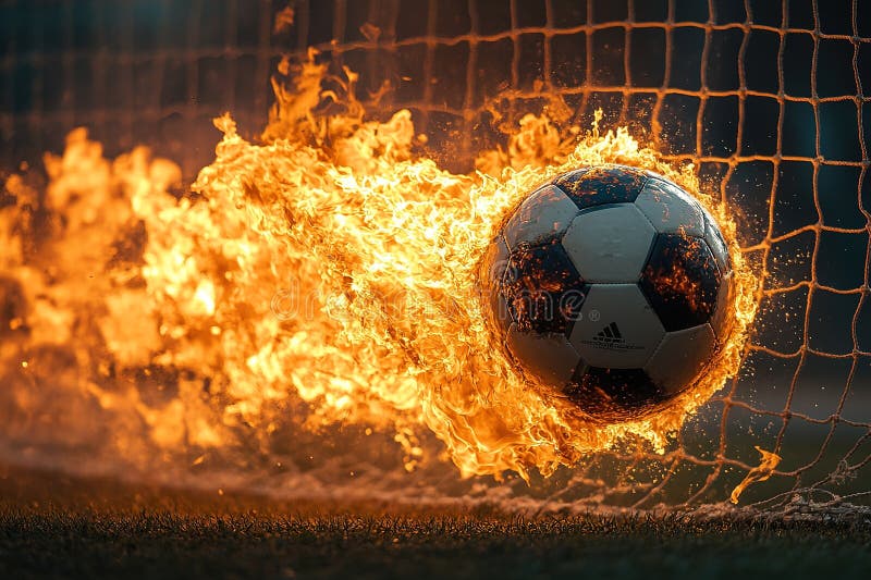 Fiery Soccer Ball in Goal with Net in Flames Stock Image - Image of ...
