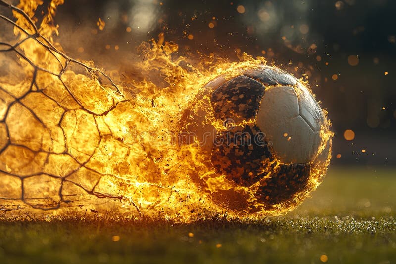 Fiery Soccer Ball in Goal with Net in Flames Stock Image - Image of ...