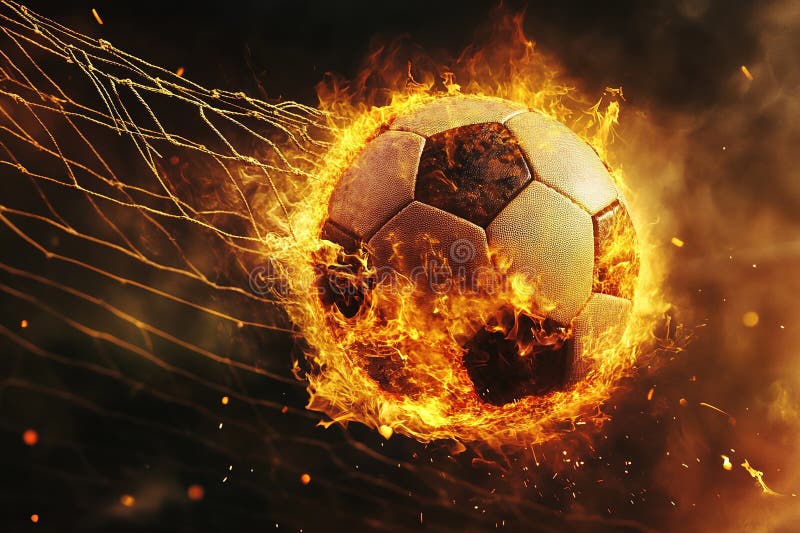 Fiery Soccer Ball in Goal with Net in Flames Stock Image - Image of ...