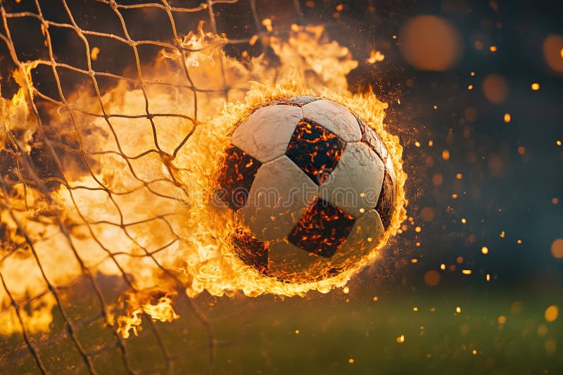 Fiery Soccer Ball in Goal with Net in Flames Stock Image - Image of ...