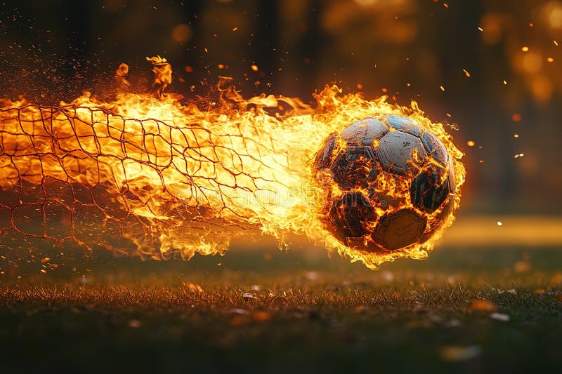 Fiery Soccer Ball in Goal with Net in Flames Stock Image - Image of ...