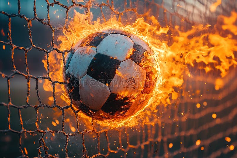 Fiery Soccer Ball in Goal with Net in Flames Stock Image - Image of ...