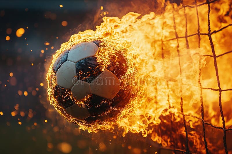 Fiery Soccer Ball in Goal with Net in Flames Stock Photo - Image of ...