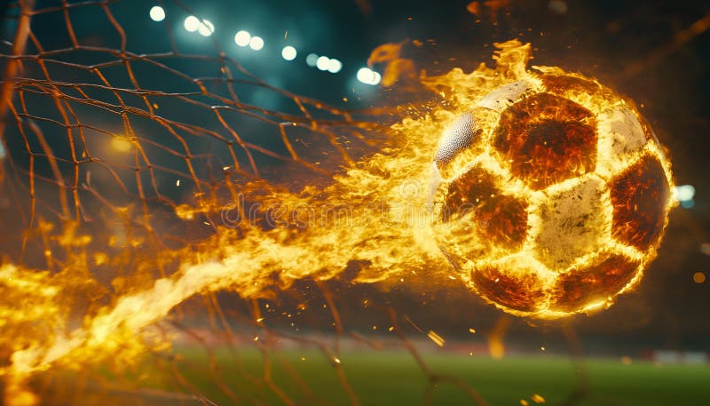 Fiery Soccer Ball in Goal with Net in Flames Stock Image - Image of ...