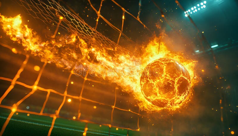 Fiery Soccer Ball in Goal with Net in Flames Stock Image - Image of ...