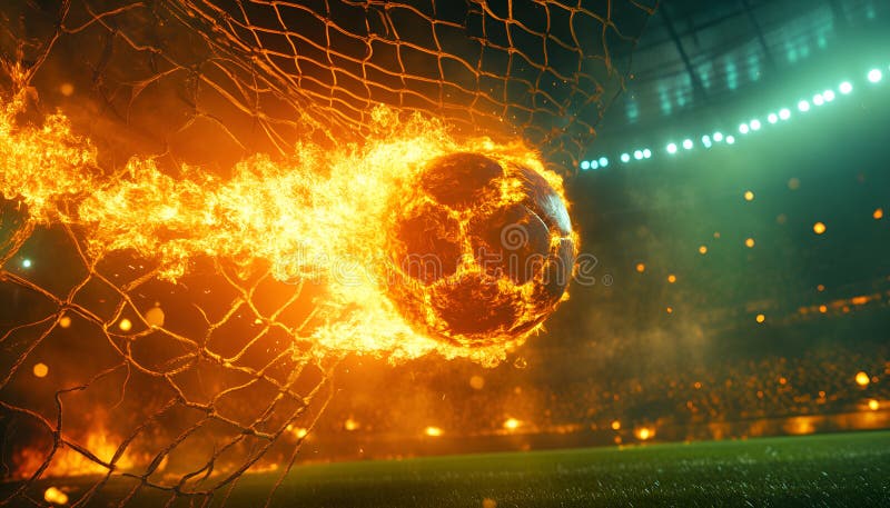 Fiery Soccer Ball in Goal with Net in Flames Stock Photo - Image of ...