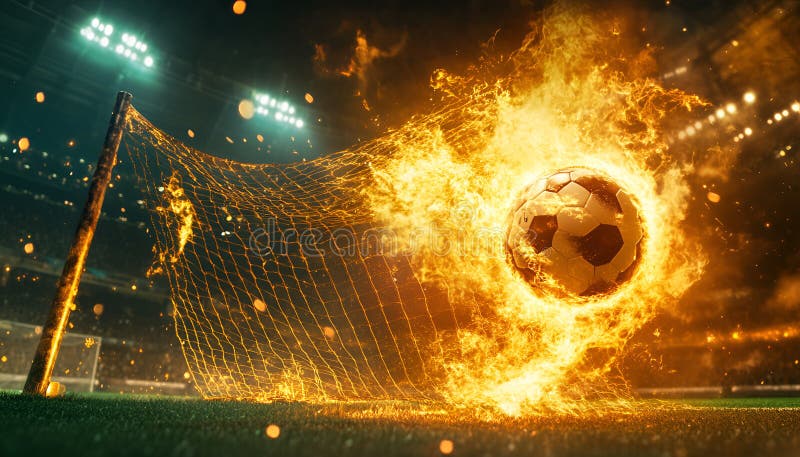 Fiery Soccer Ball in Goal with Net in Flames Stock Image - Image of ...