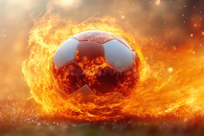 A Fiery Soccer Ball Rolling on the Ground at Dusk, Creating an Intense ...