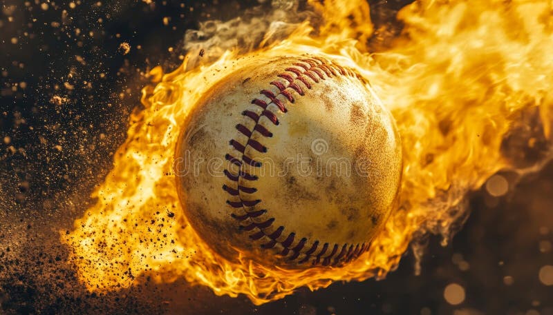 Fiery Softball on Fire a Close-Up, Capturing the Intricate Stitching ...