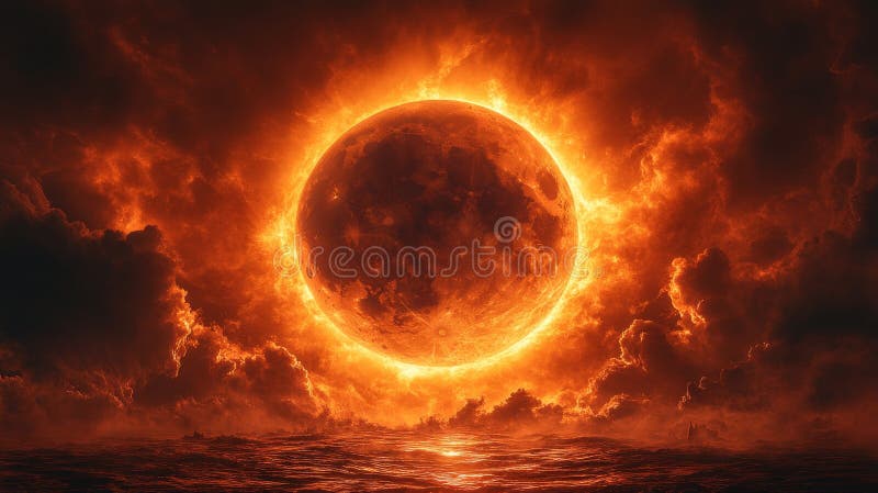Fiery Solar Eclipse Over Ocean at Sunset, Dramatic Sky and Glowing Sun ...