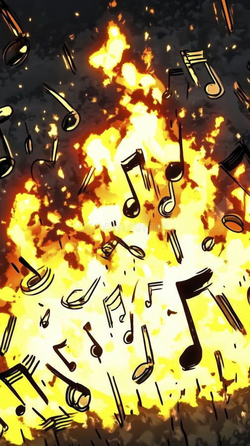 Fiery Sound Explosion with Swirling Musical Elements Stock Illustration ...