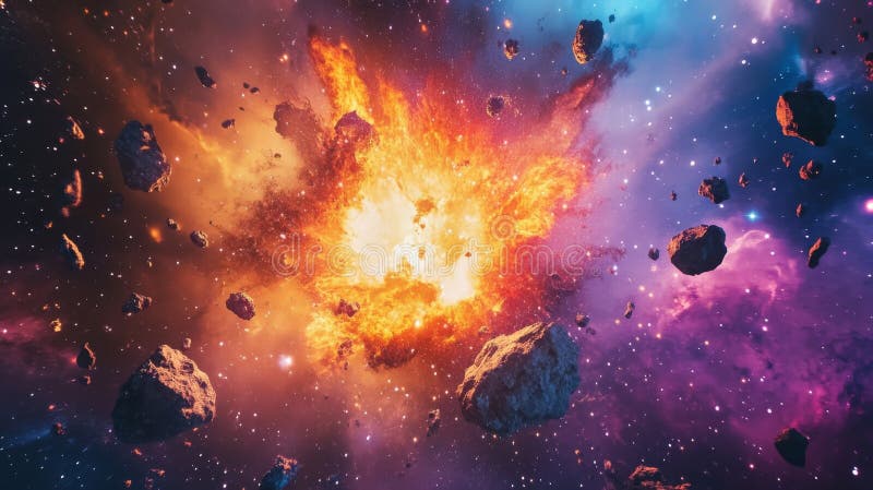 Fiery Space Explosion with Asteroids in Deep Space Stock Photo - Image ...