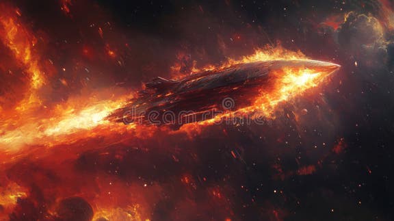 Fiery Spaceship Exploding in Cosmic Nebula Stock Illustration ...