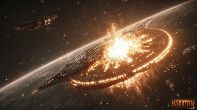 Fiery Spaceship Explosion in Deep Space Stock Illustration ...