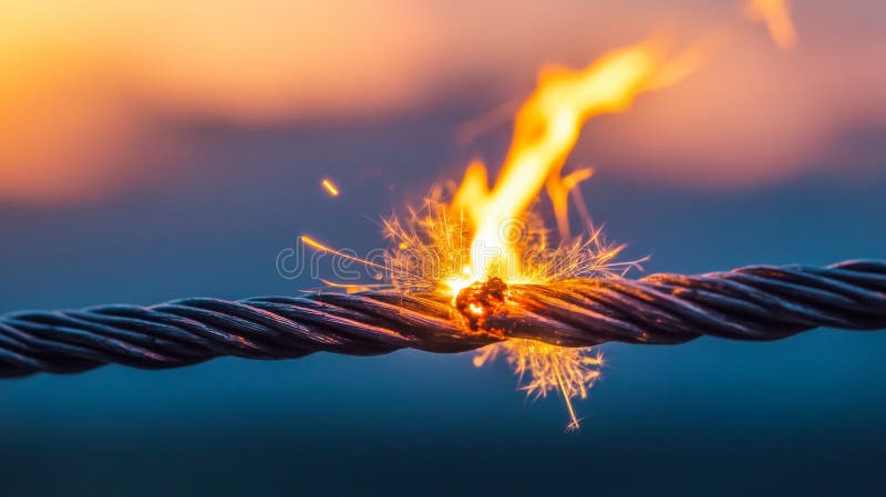 Fiery Spark and Flame on Wire during Sunset Stock Image - Image of ...