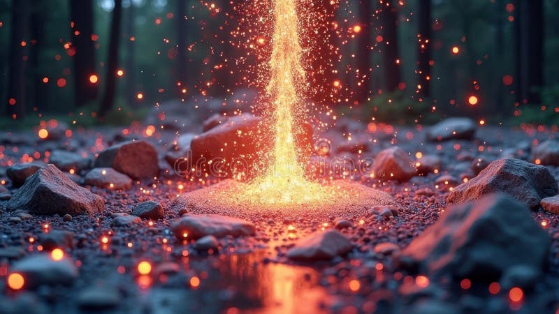 Fiery Sparks Erupting in Forest at Twilight with Glowing Ember ...