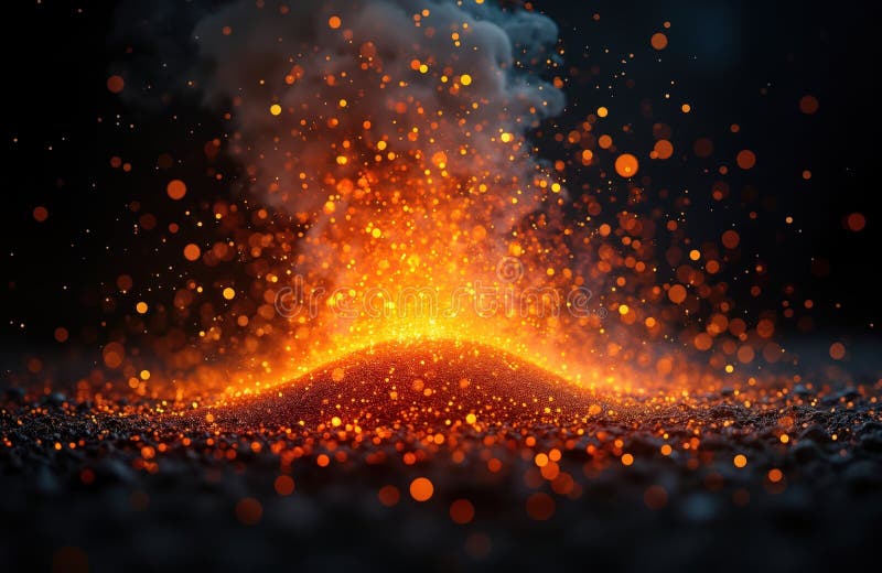 Fiery Sparks Explode from Mound of Molten Material Against Dark ...