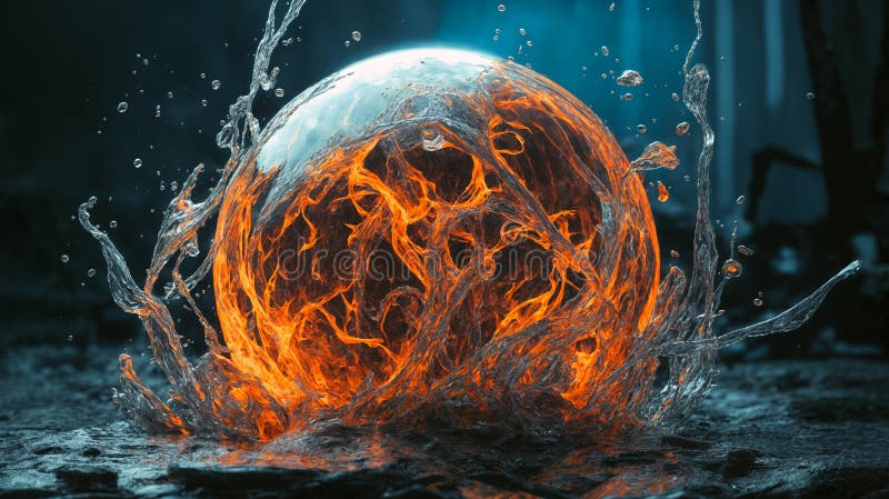 Fiery Sphere with Water Droplets Clash in a Dynamic Dance of Elements ...