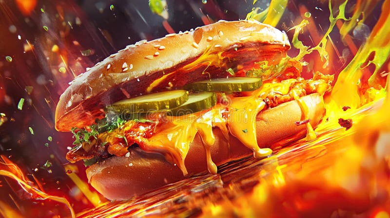 Fiery Spicy Burger Splash, Grill, Food, Ad Stock Image - Image of juicy ...