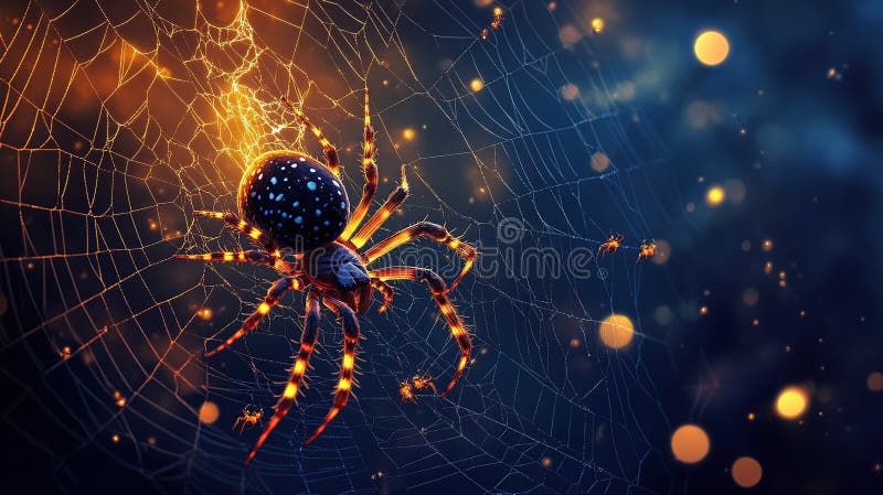 Fiery Spider on Glowing Web at Night Stock Image - Image of spooky ...