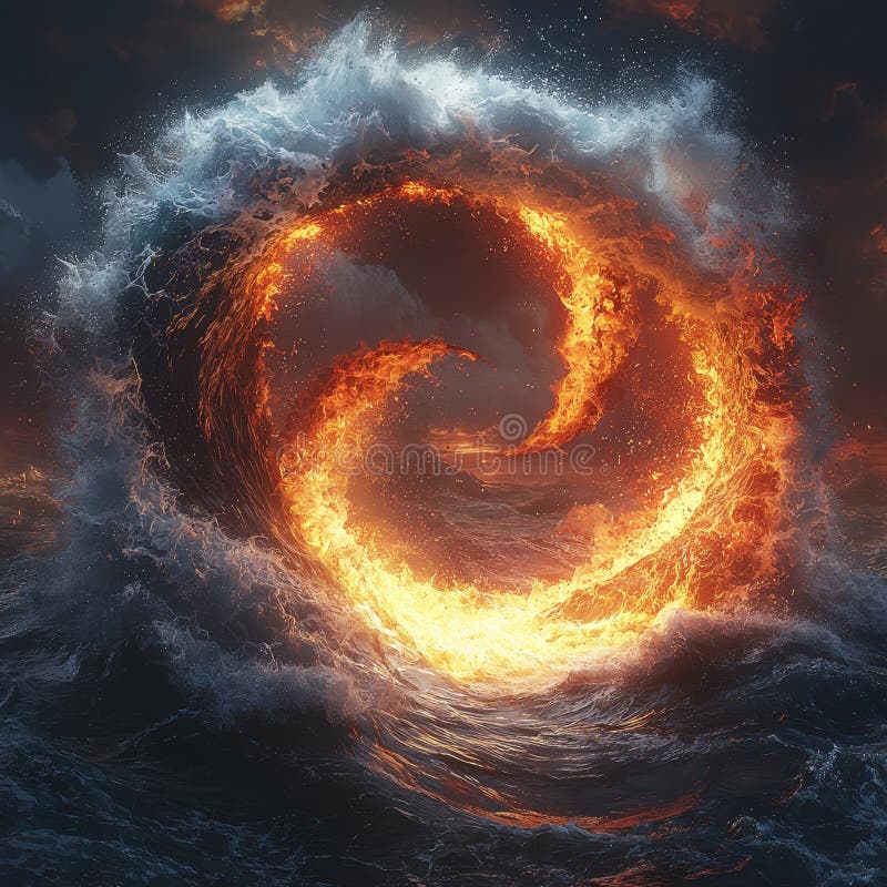 Fiery Spiral Wave in Ocean Merging Elements of Fire and Water Stock ...