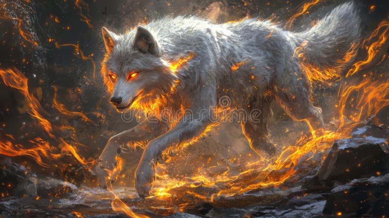 Fiery Spirit Wolf Emerging from the Flames, Surrounded by Glowing ...