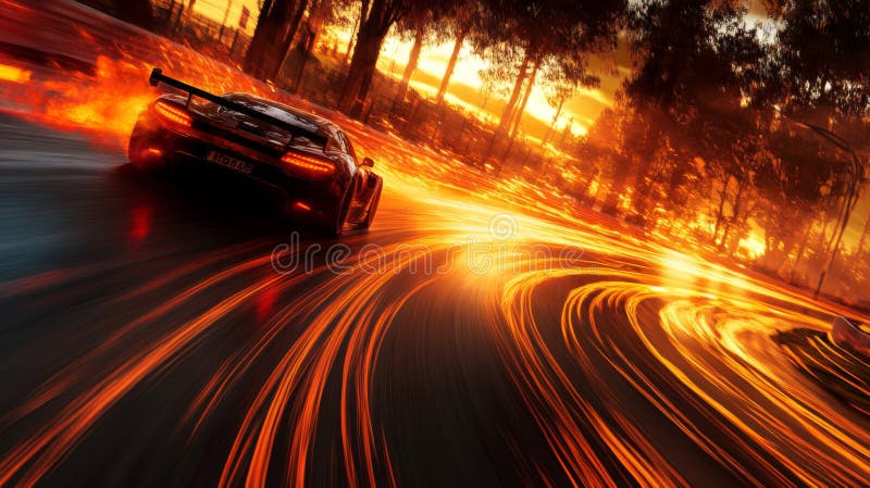 Fiery Sports Car Racing through Night Forest Stock Illustration ...