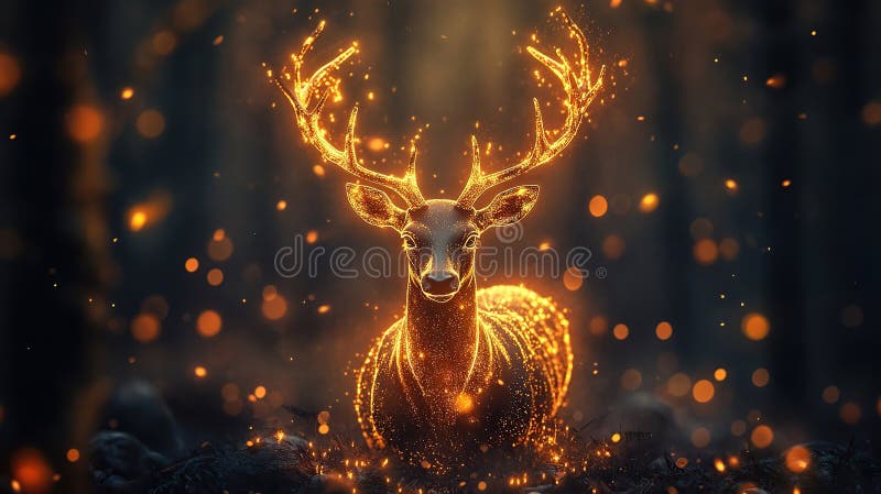 Fiery Stag in Dark Forest, Glowing Antlers Stock Illustration ...