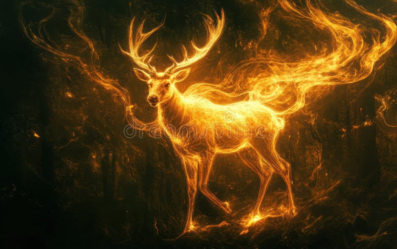 Fiery Stag Dissolving in Mystical Forest Stock Illustration ...