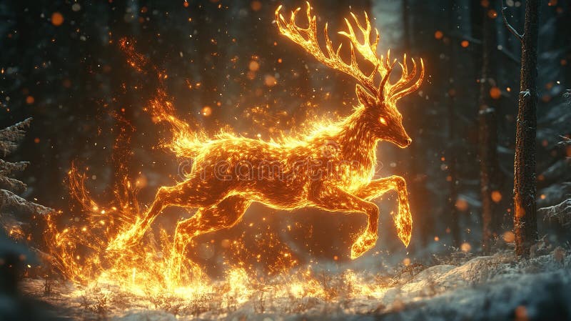 Fiery Stag Leaping through Snowy Forest Stock Illustration ...