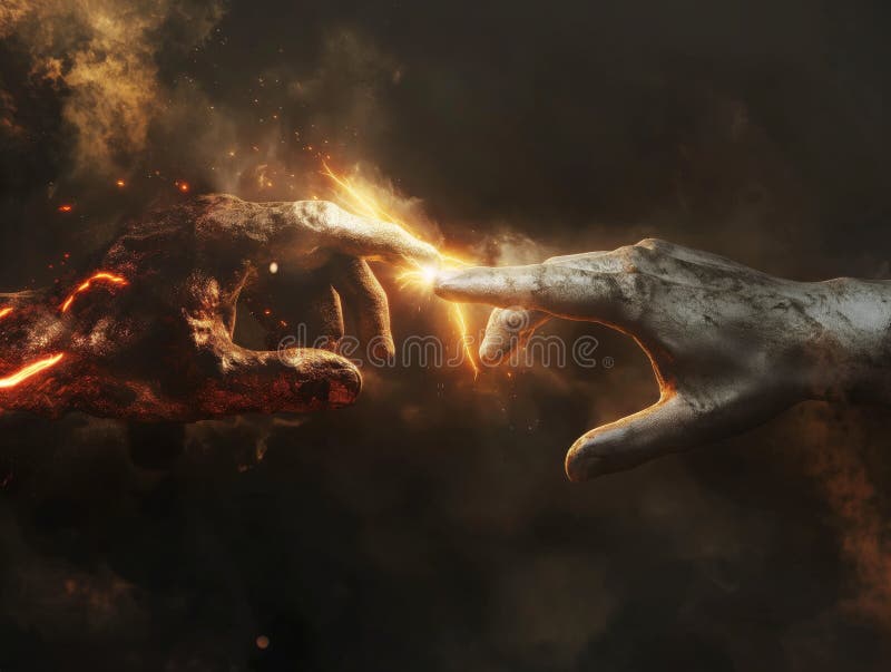 Fiery and Stone Hands Touching in a Dramatic Scene Stock Photo - Image ...