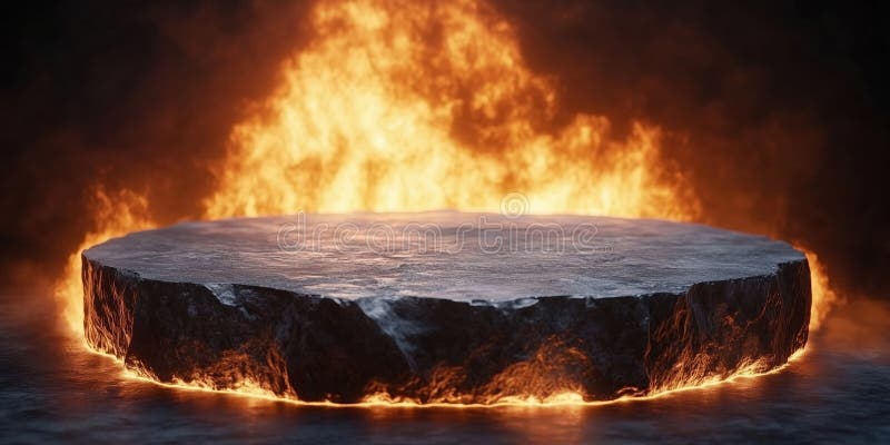 Fiery Stone Platform with Glowing Edges and Dramatic Flames in Dark ...