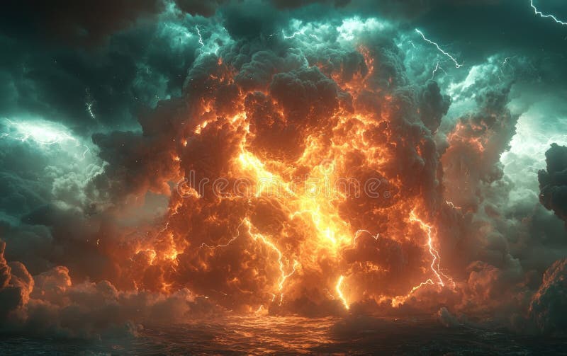 Fiery Storm Cloud with Lightning Strikes Stock Illustration ...