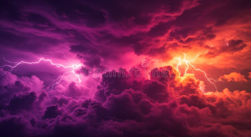 Fiery Storm Cloudscape with Lightning at Night Stock Illustration ...