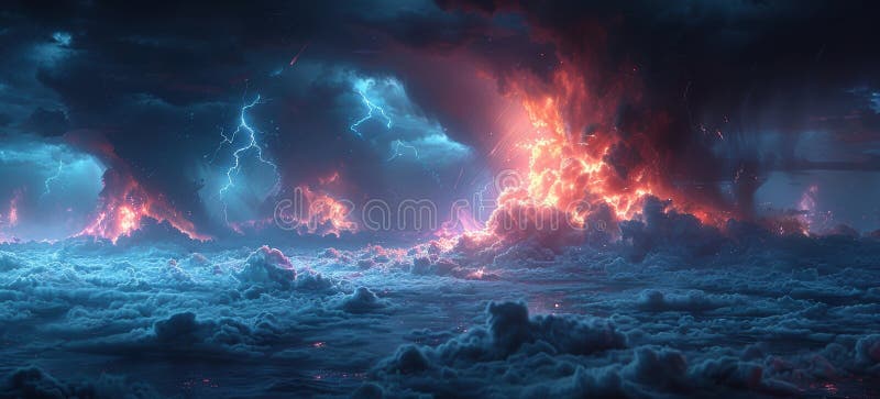 Fiery Storm Over Clouds. Created by Generative Artificial Intelligence ...