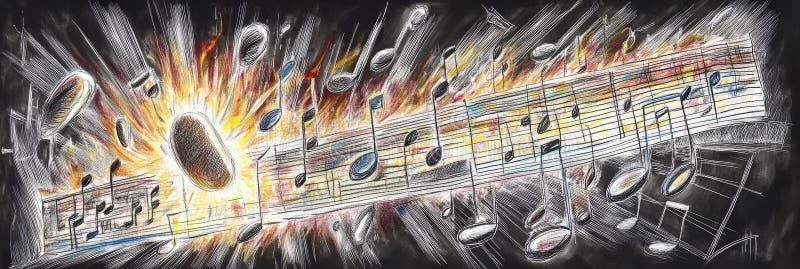 Fiery Streak of Music with Exploding Notes and Staff Stock Illustration ...